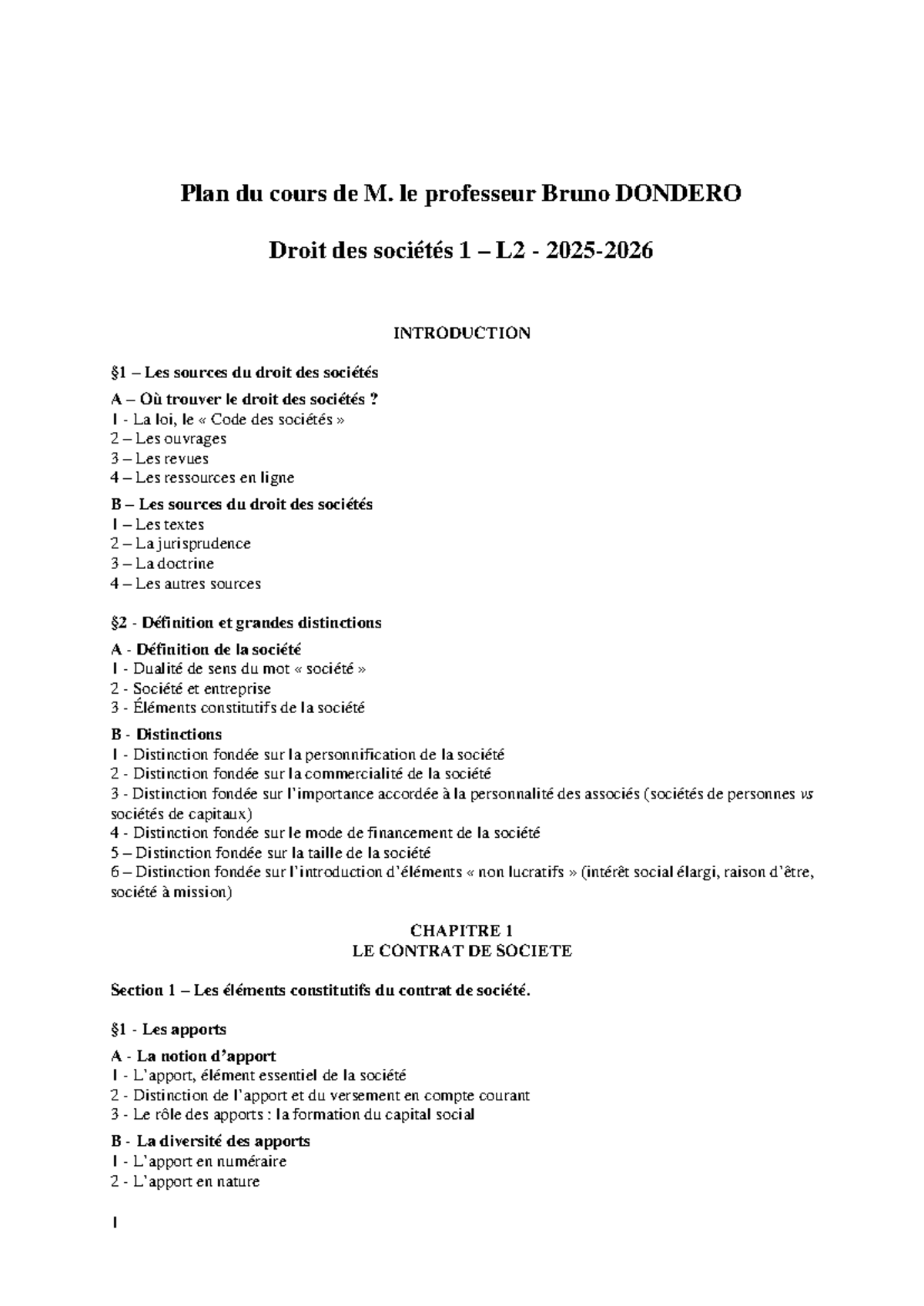 Plan L2 Droit des Sociétés I - Cours de M. Dondero 2025-2026 - Studocu