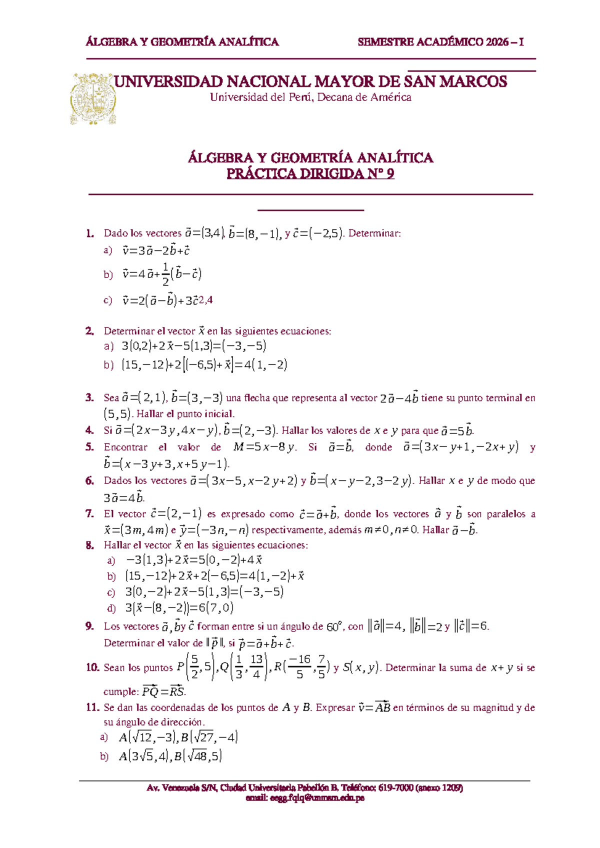 ÁLGEBRA Y GEOMETRÍA ANALÍTICA 2026 I - PRÁCTICA DIRIGIDA 9: VECTORES EN ...