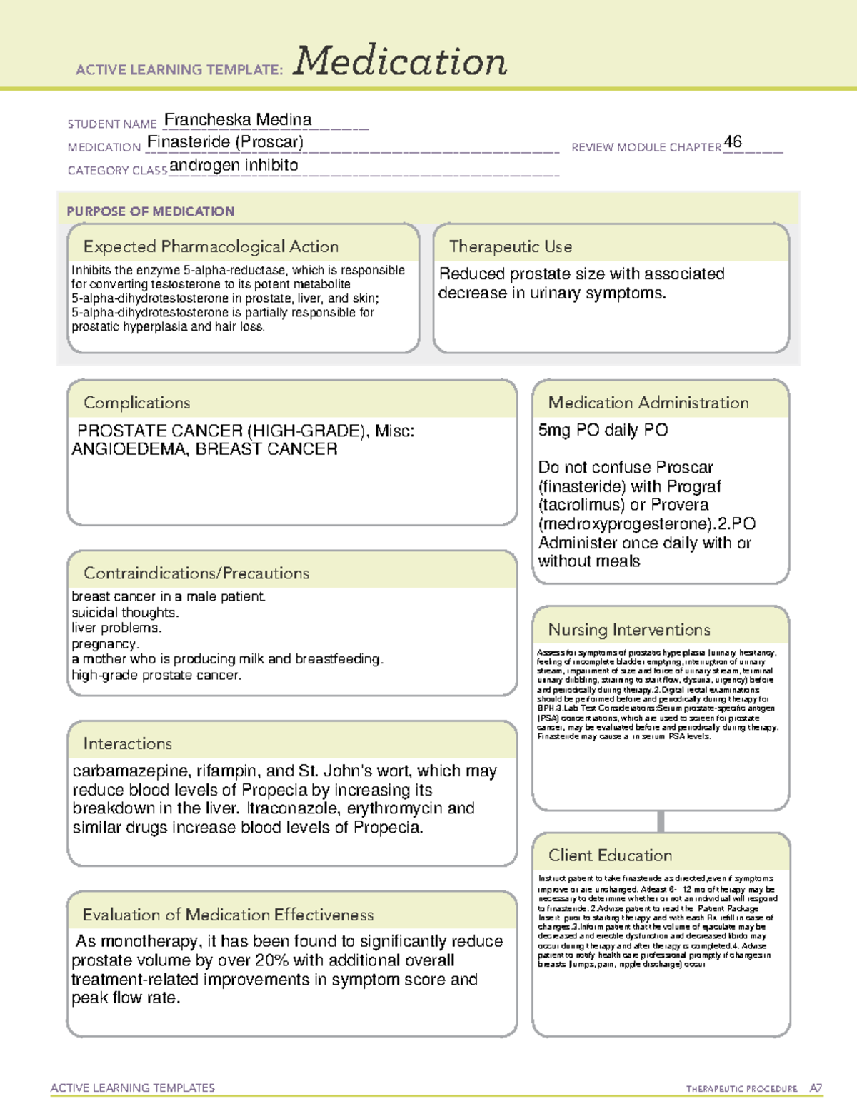 Med Card: Finasteride (Proscar) - Active Learning Template - Studocu
