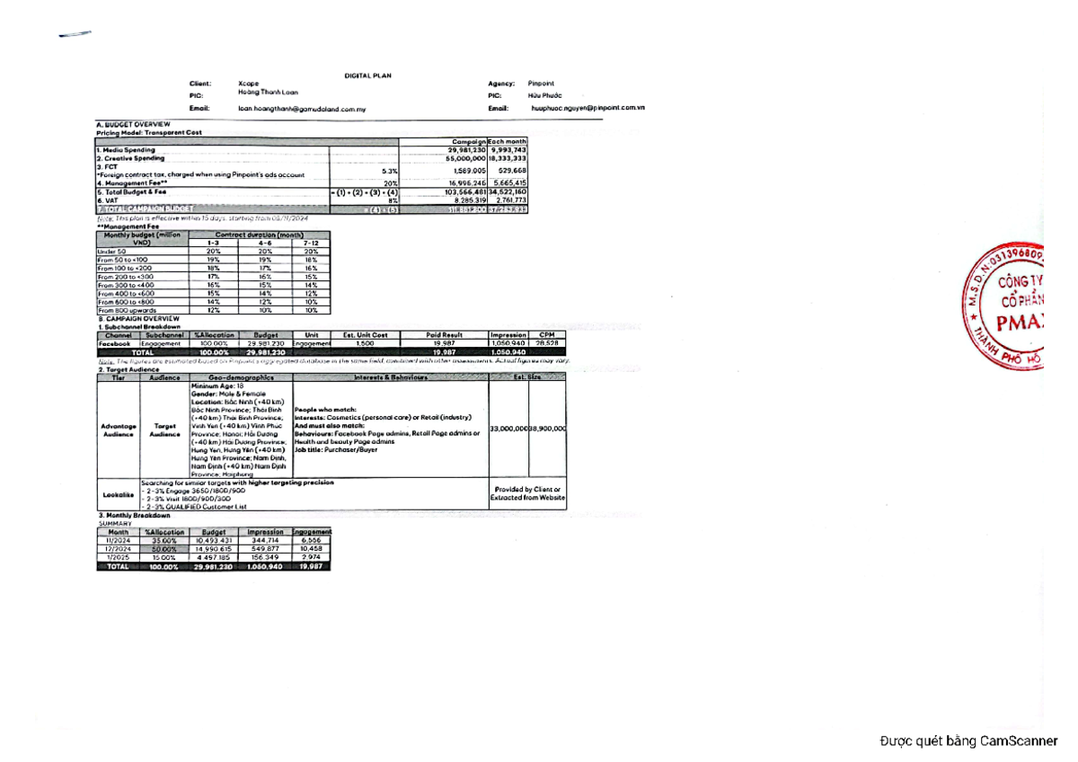 Báo giá xcape - khbv - DIGITAL PLAN Client: Xcape Agency: Pinpoint PIC ...