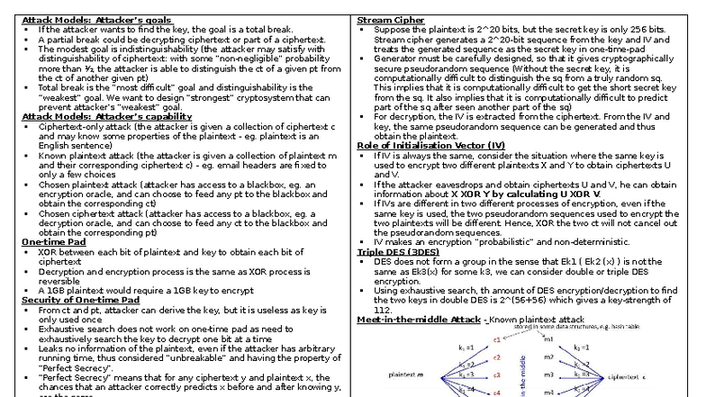 CS2107 Final Exam Cheatsheet: Attack Models and Cryptography - Studocu