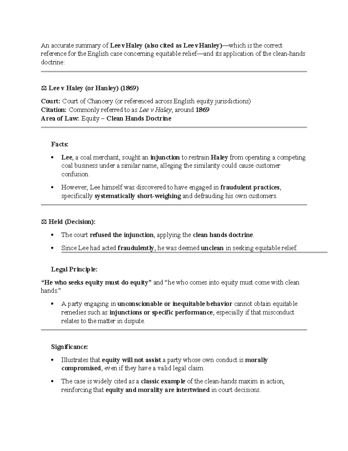 Lee v Haley: A Case Study on the Clean Hands Doctrine in Equity - Studocu