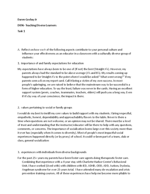 D096-Task 2 - Passed 1st try - Daren Goshay Jr D096- Teaching Diverse ...