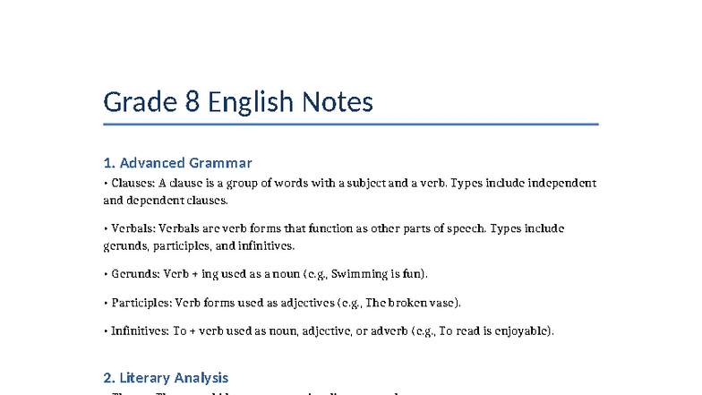 Grade 8 English Notes - Grade 8 English Notes 1. Advanced Grammar ...