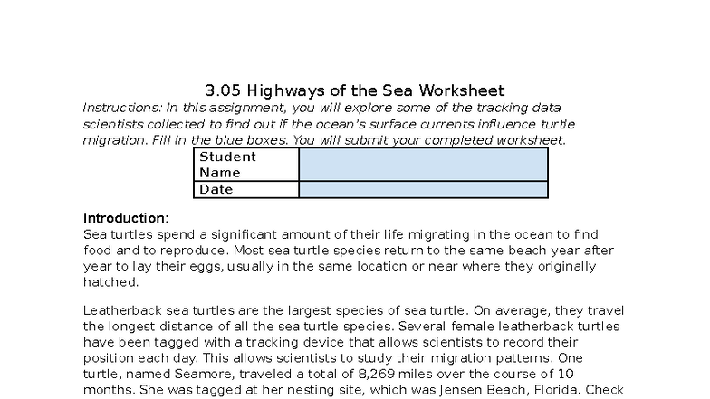 3.05 Marine Science: Highways of the Sea Turtle Migration Worksheet ...