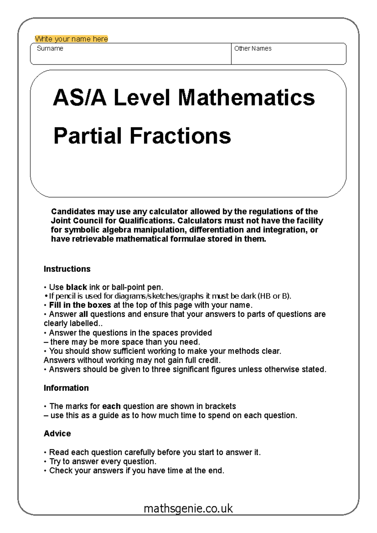 A pure partial fractions - mathsgenie.co Write your name here Surname ...
