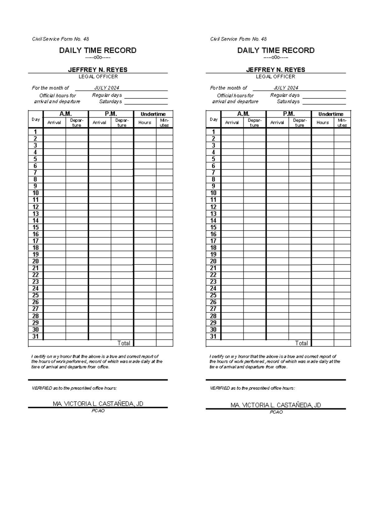 Appendix 24 - Daily Time Record (DTR) - Civil Service Form No. 48 DAILY ...