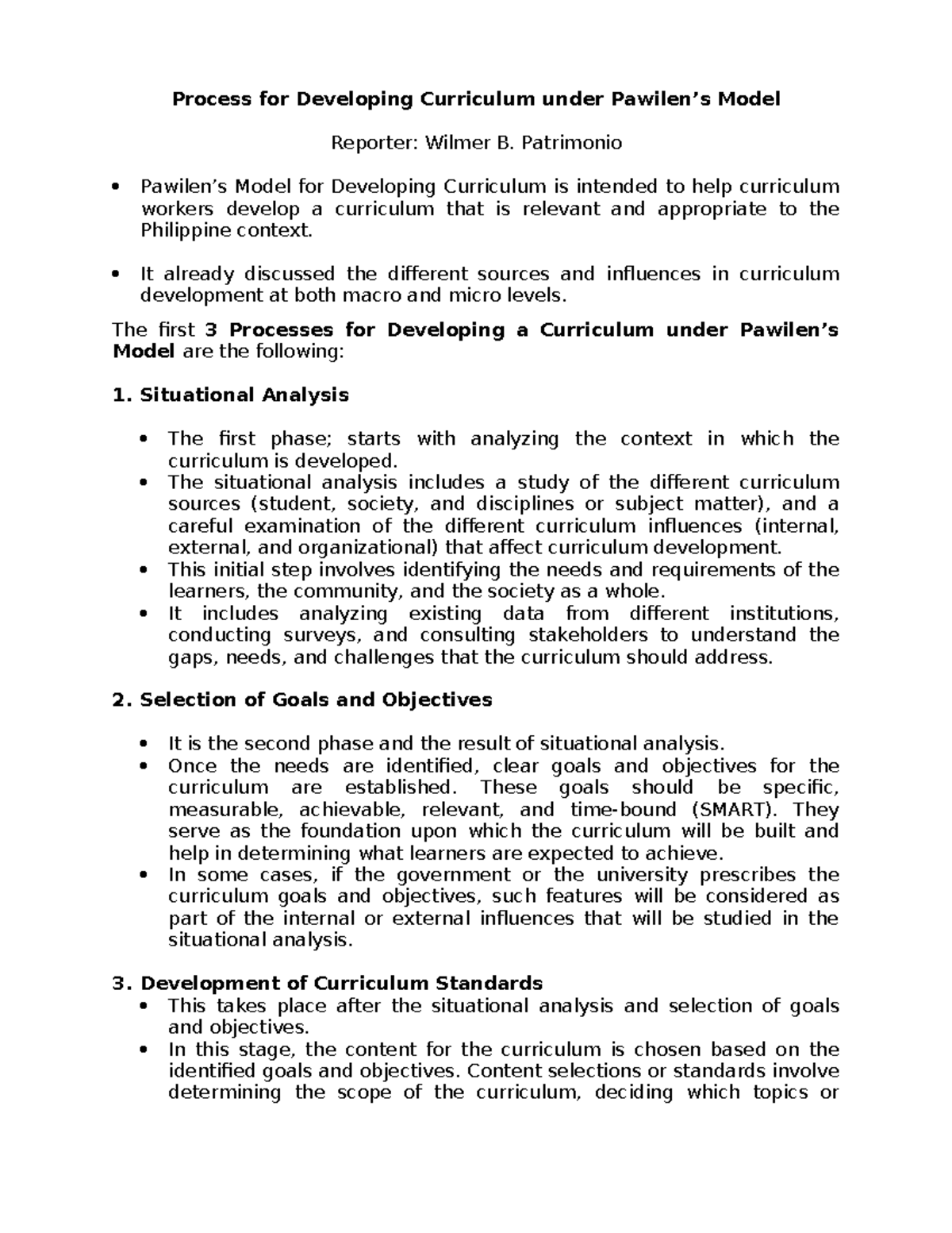 Pawilen's Model: Curriculum Development Processes Explained - Studocu