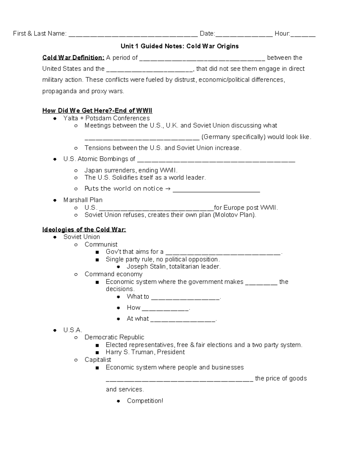Unit 1 Guided Notes: Origins of the Cold War - Studocu
