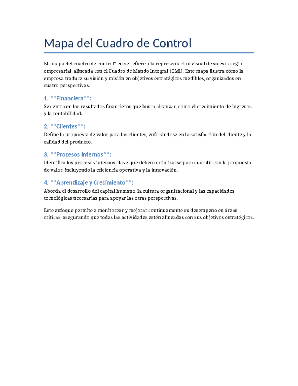 Mapa del Cuadro de Control en la Estrategia Empresarial - Studocu