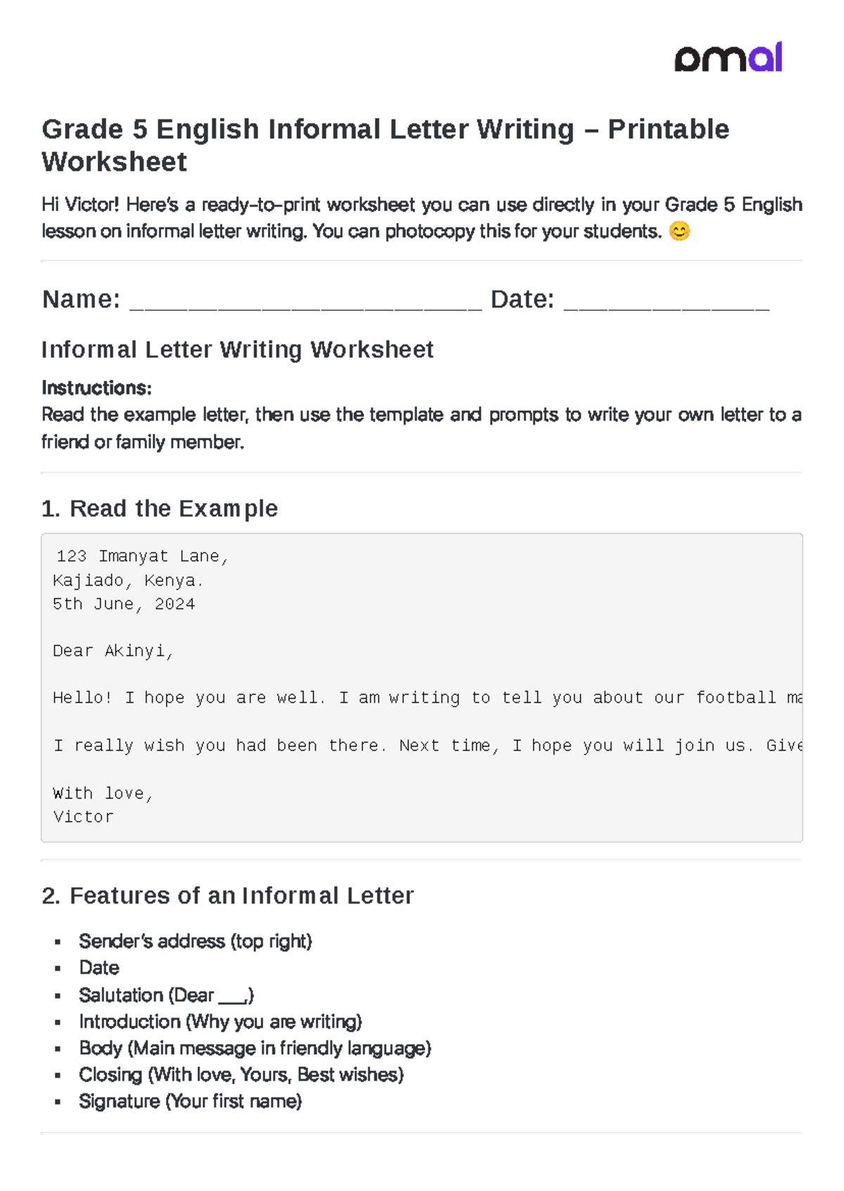 Grade 5 English Informal Letter Writing Worksheet - Studocu