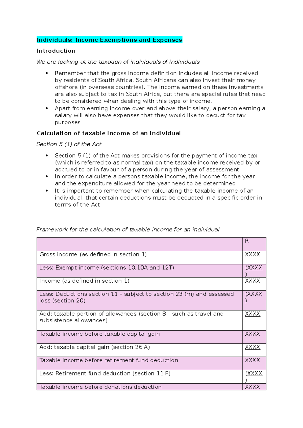 Individuals: Income Exemptions and Expenses Notes (Course Code: TAX101 ...