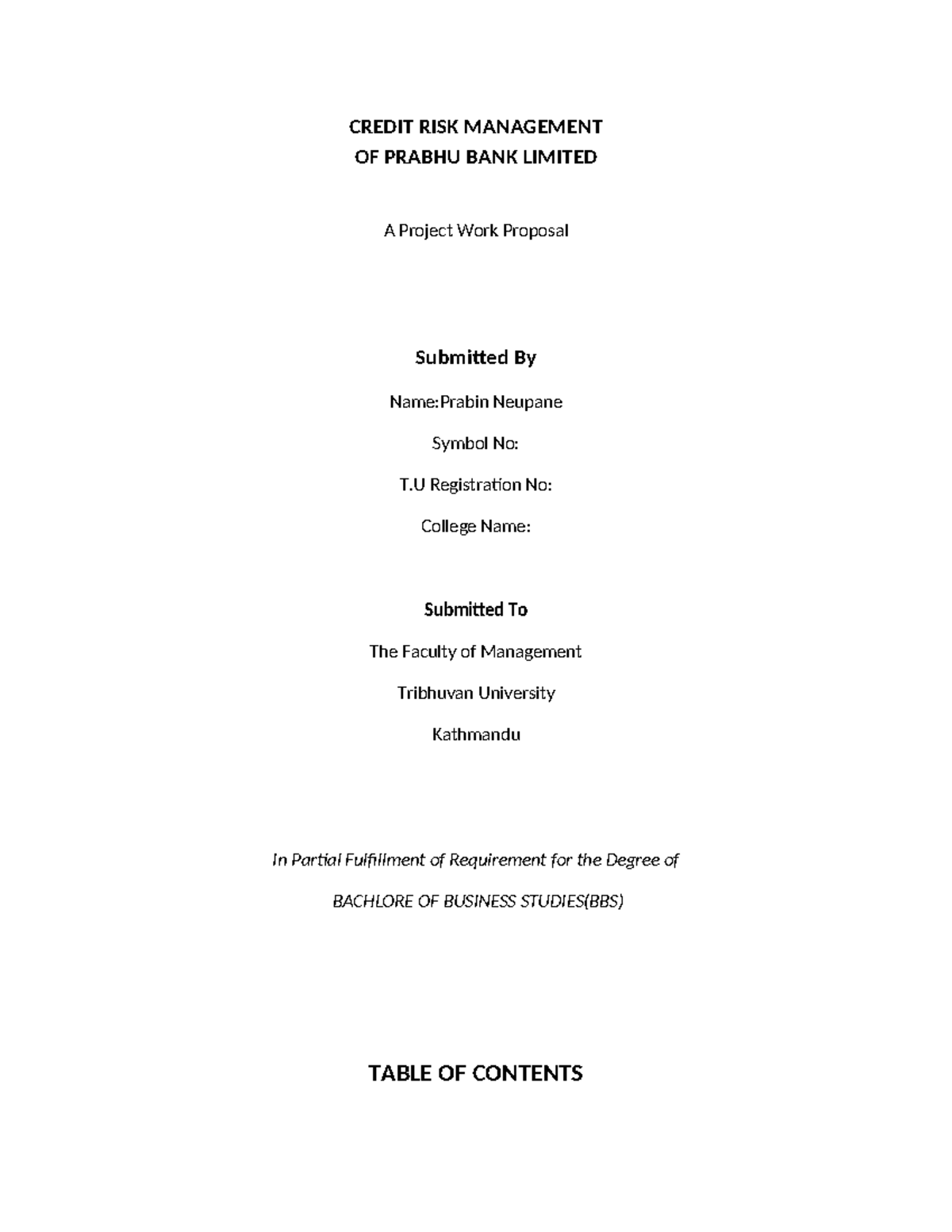 CREDIT RISK MANAGEMENT PROJECT PROPOSAL - BBS - Studocu