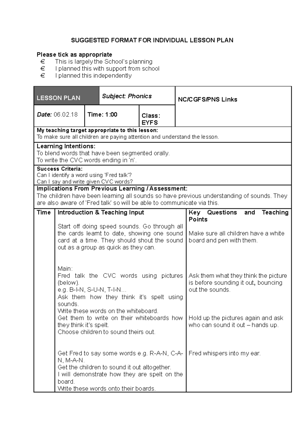 Phonics CVC 'n' words - lesson plan - SUGGESTED FORMAT FOR INDIVIDUAL ...