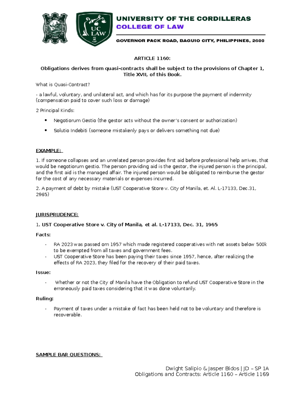Obligations and Contracts: Article 1160 & 1169 Study Notes - Studocu
