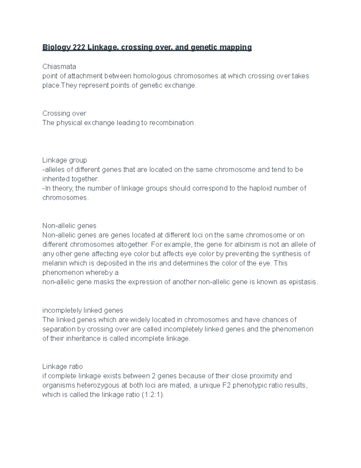Biology 222 Linkage, crossing over, and genetic mappingr- Definitions ...