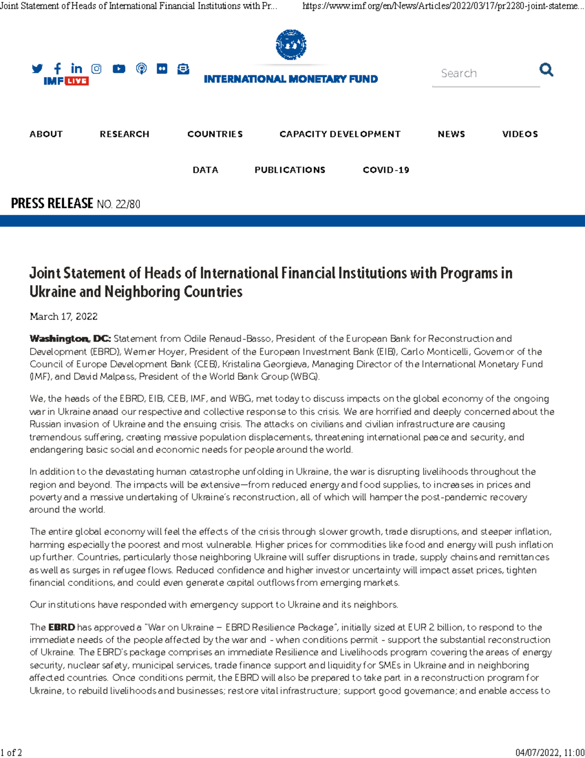 Joint Statement by Int'l Financial Institutions on Ukraine Crisis - Studocu