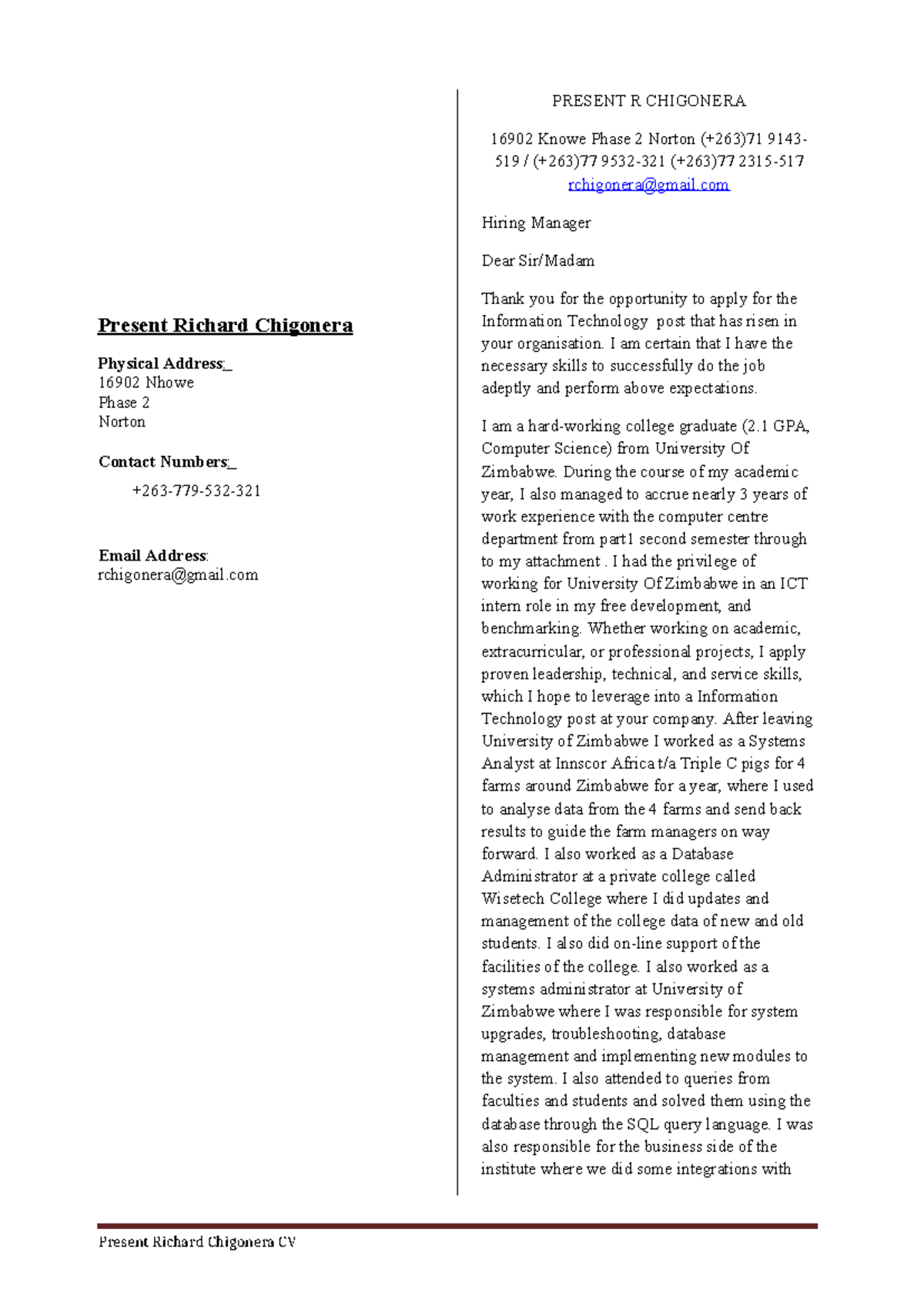 CV for Richard Chigonera - IT Position Application - Studocu