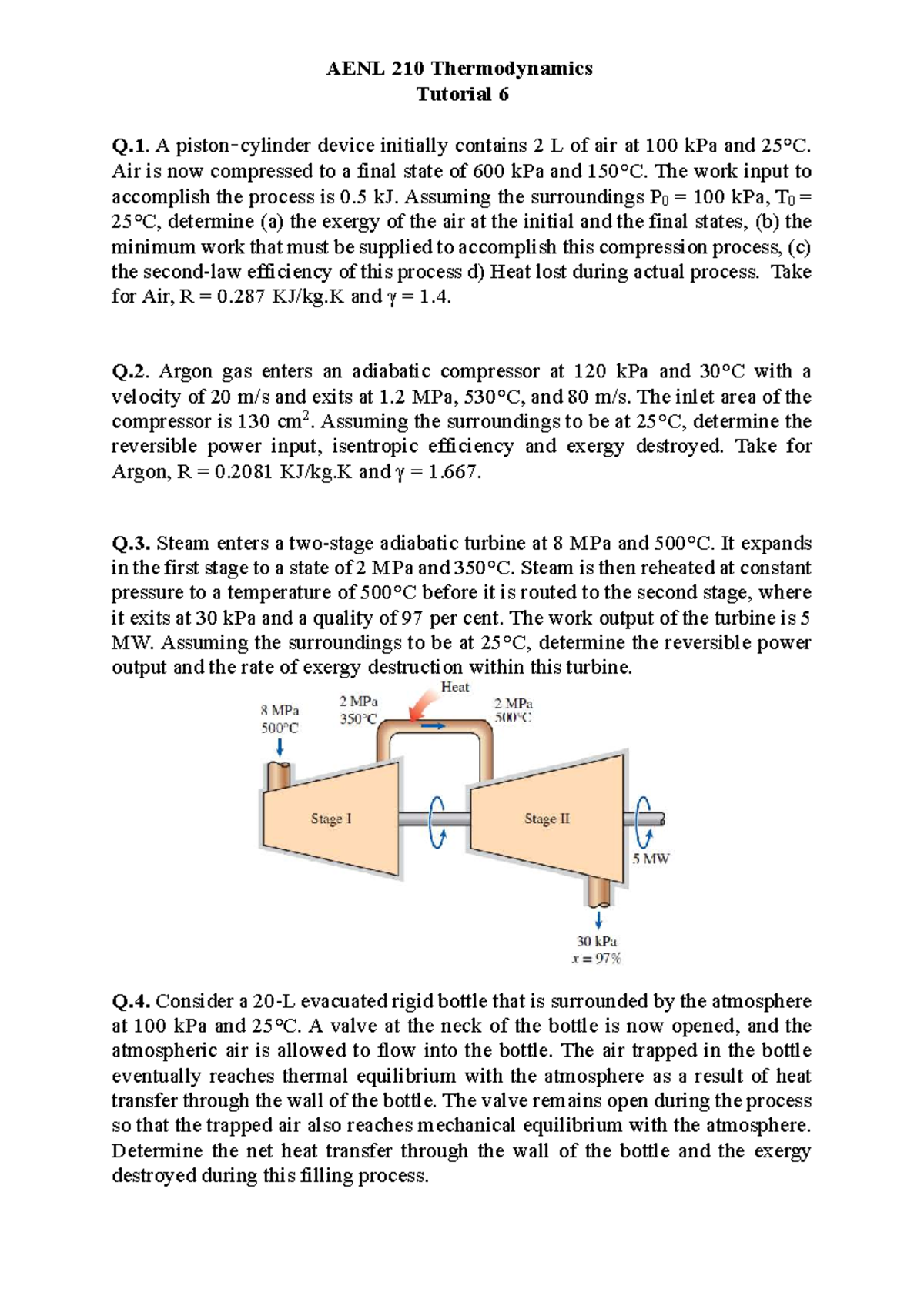 AENL 210 Thermodynamics Tutorial 6: Exergy and Efficiency Analysis ...