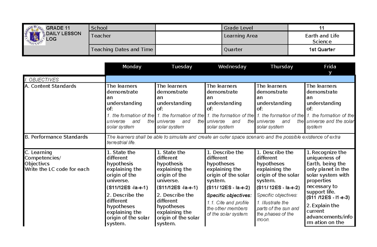 GRADE 11 EARTH AND LIFE SCIENCE DAILY LESSON LOG (Q1) - Studocu