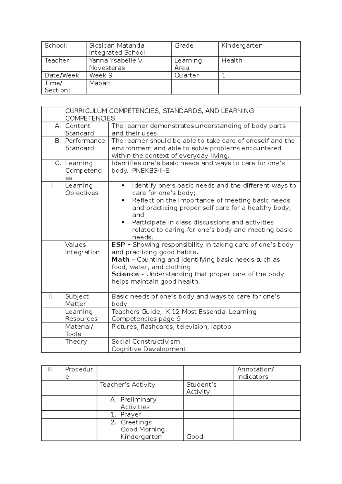 Kinder Health Lesson Plan: Caring for Body & Basic Needs - Studocu
