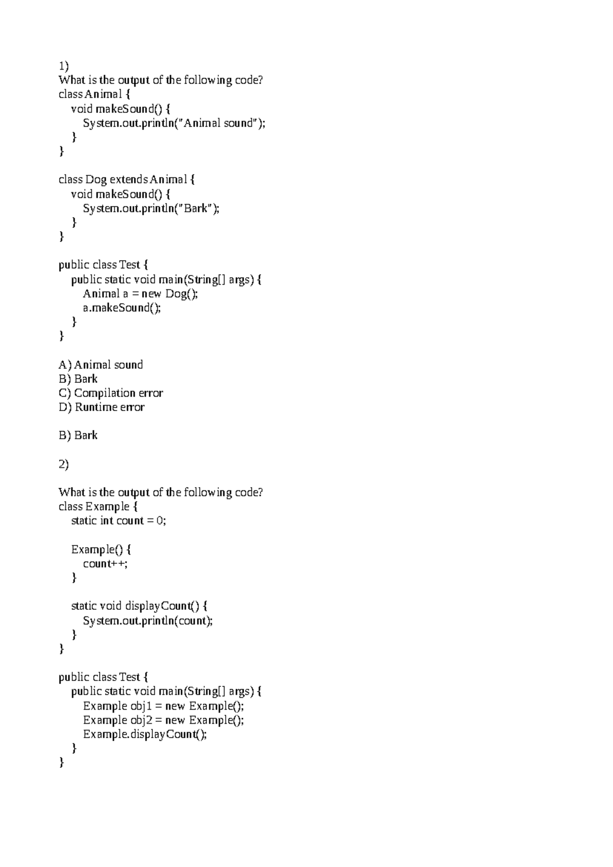 Java Quiz: All Java Concepts - Code Output Questions and Answers - Studocu