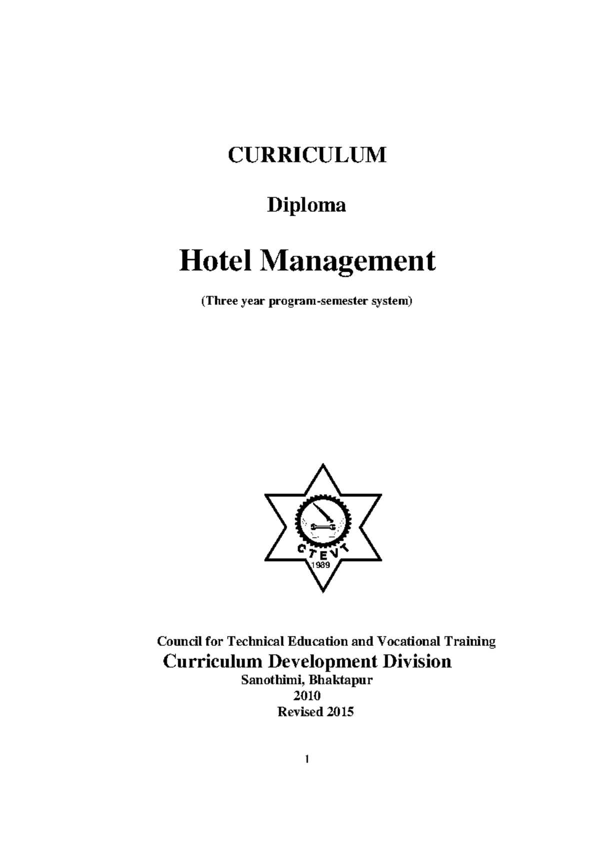 Syllabus for Diploma in Hotel Management (3-Year System) 1989 - Studocu