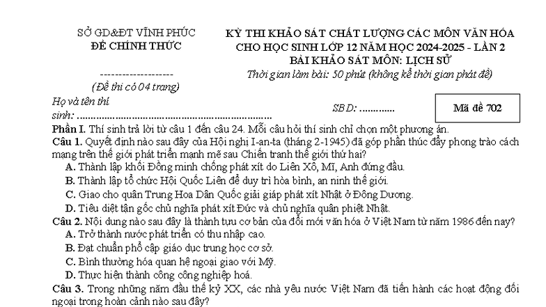 Đề Chính Thức Kỳ Thi Khảo Sát Chất Lượng Môn Lịch Sử Lớp 12 - Mã Đề 702 - Studocu