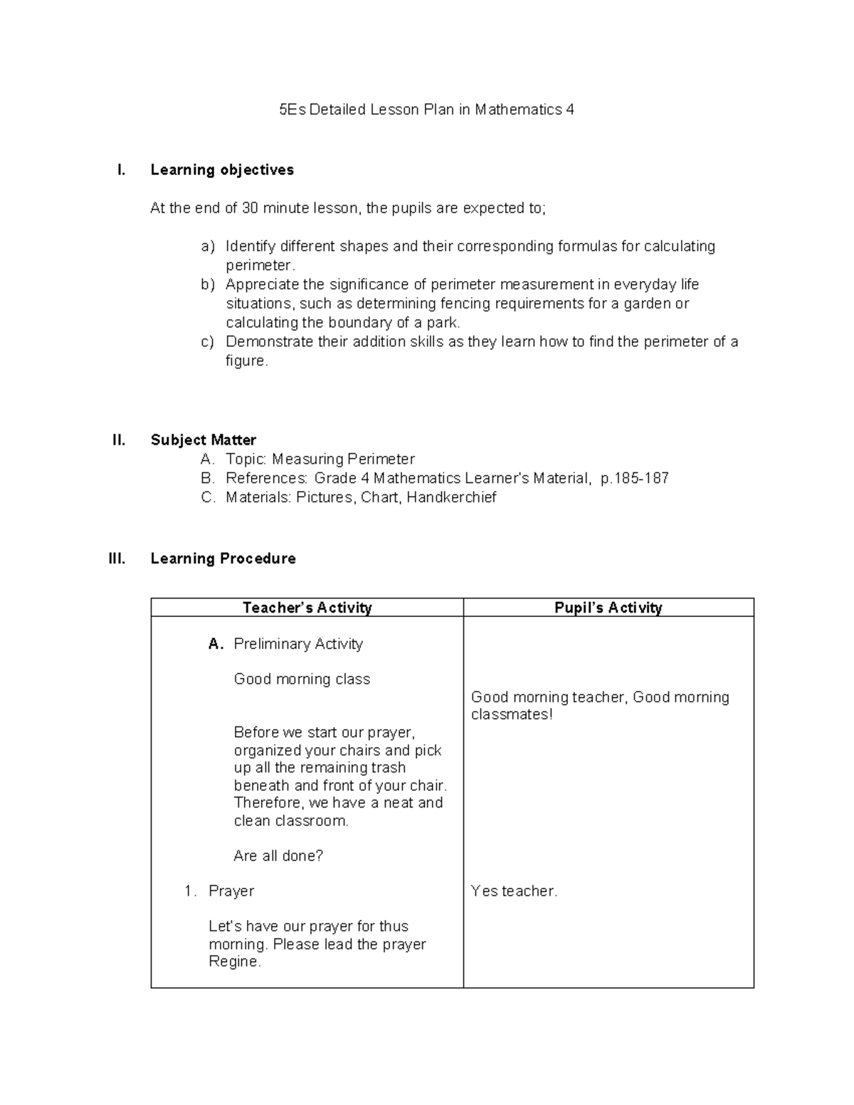 5Es Detailed Lesson Plan in Mathematics 1: Measuring Perimeter for ...