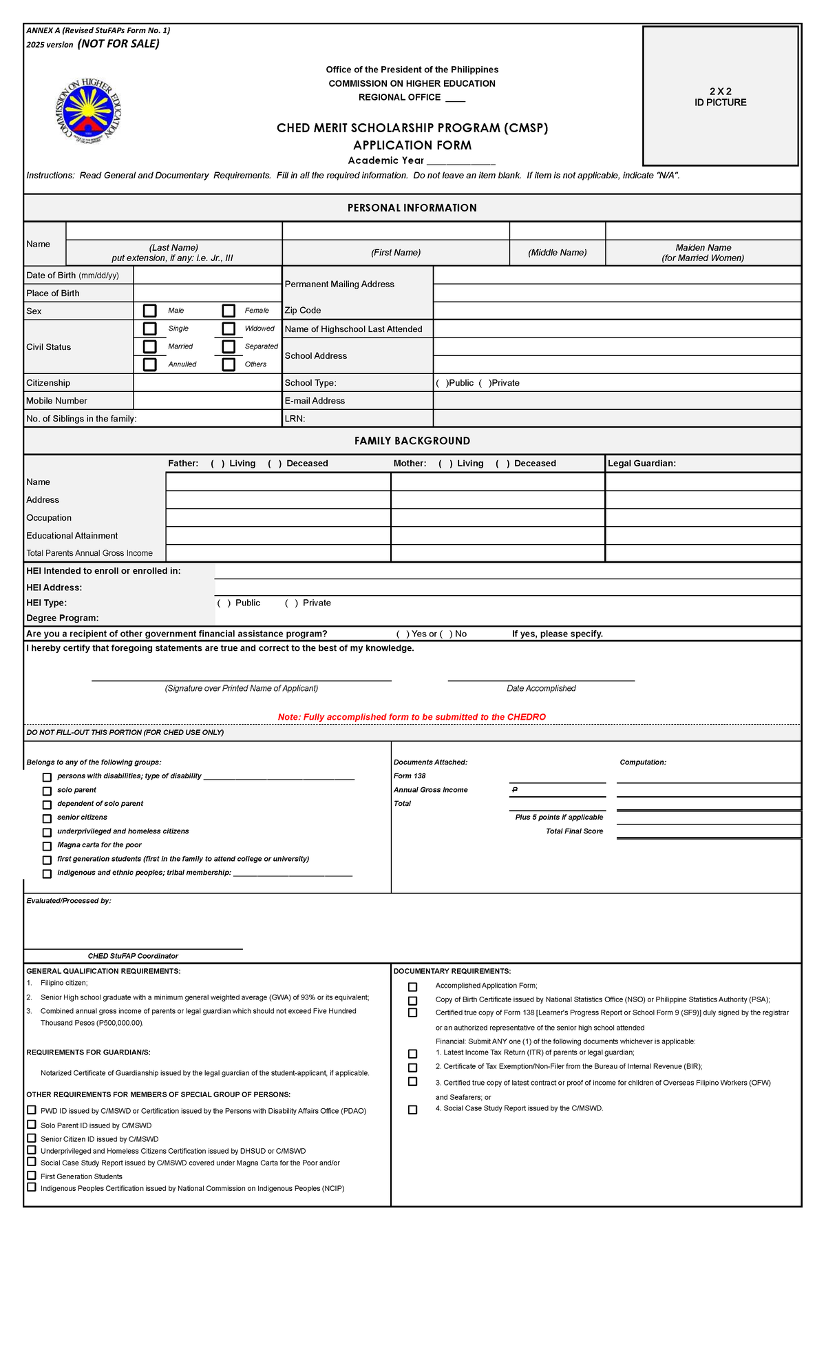 CHED Merit Scholarship Program (CMSP) Application Form 2025 - Annex A ...