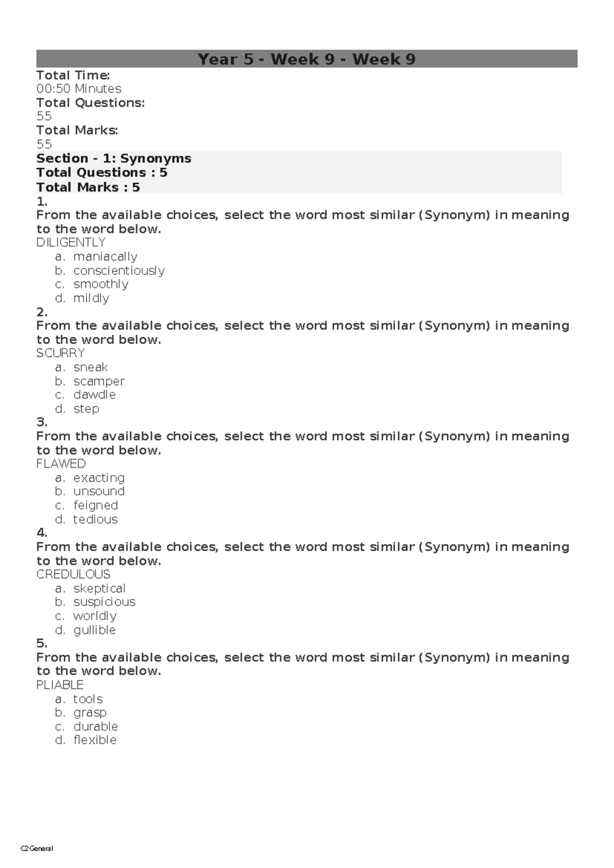 Year 5 Week 9 Vocabulary & Grammar Practice (C2 General) - Studocu