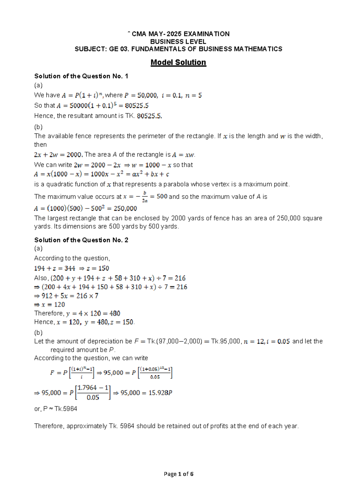 CMA 2025 EXAM GE 03: Business Mathematics Model Solutions - Studocu