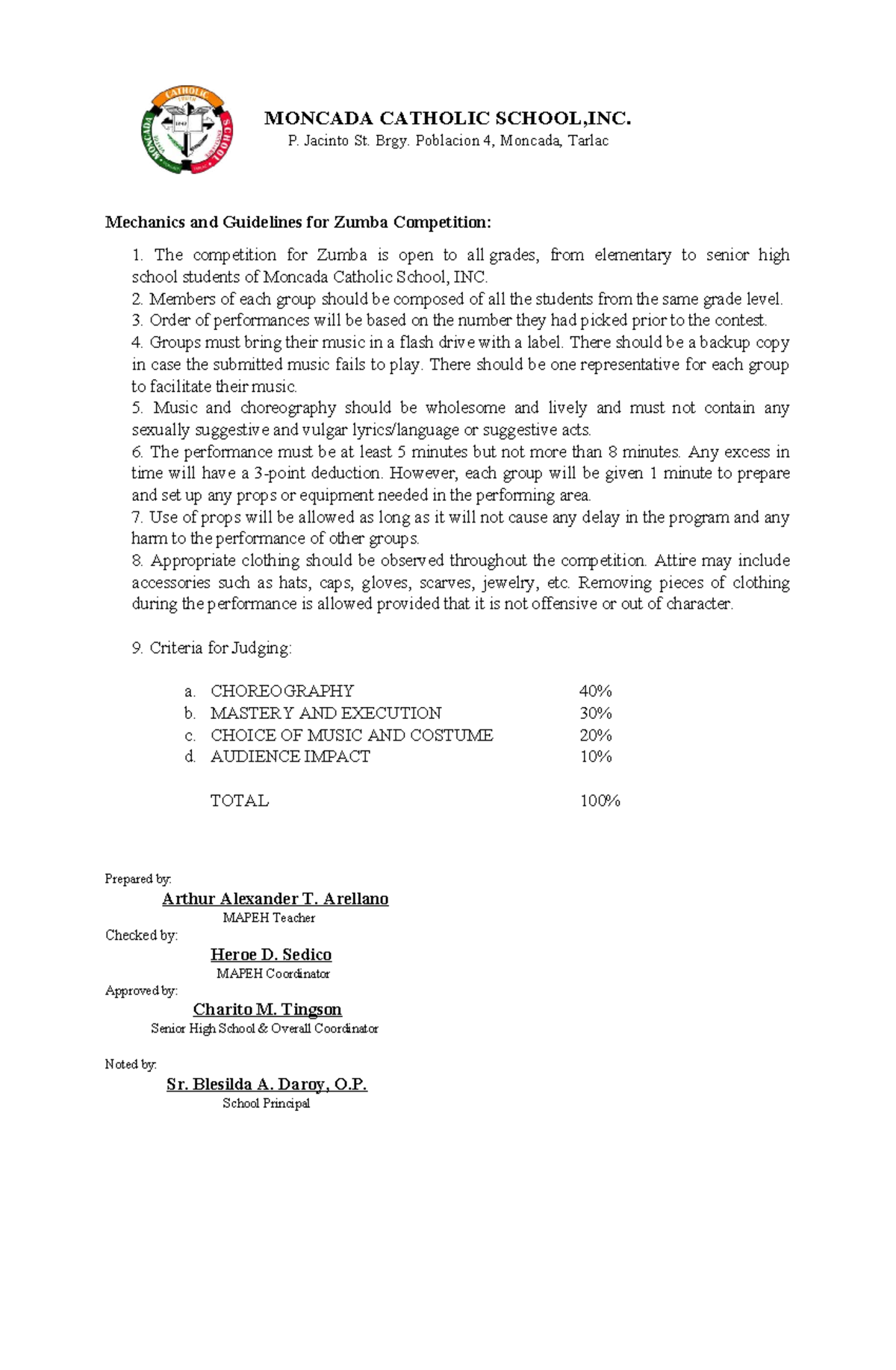 MAPEH 101: Mechanics & Guidelines for Zumba Competition - Studocu