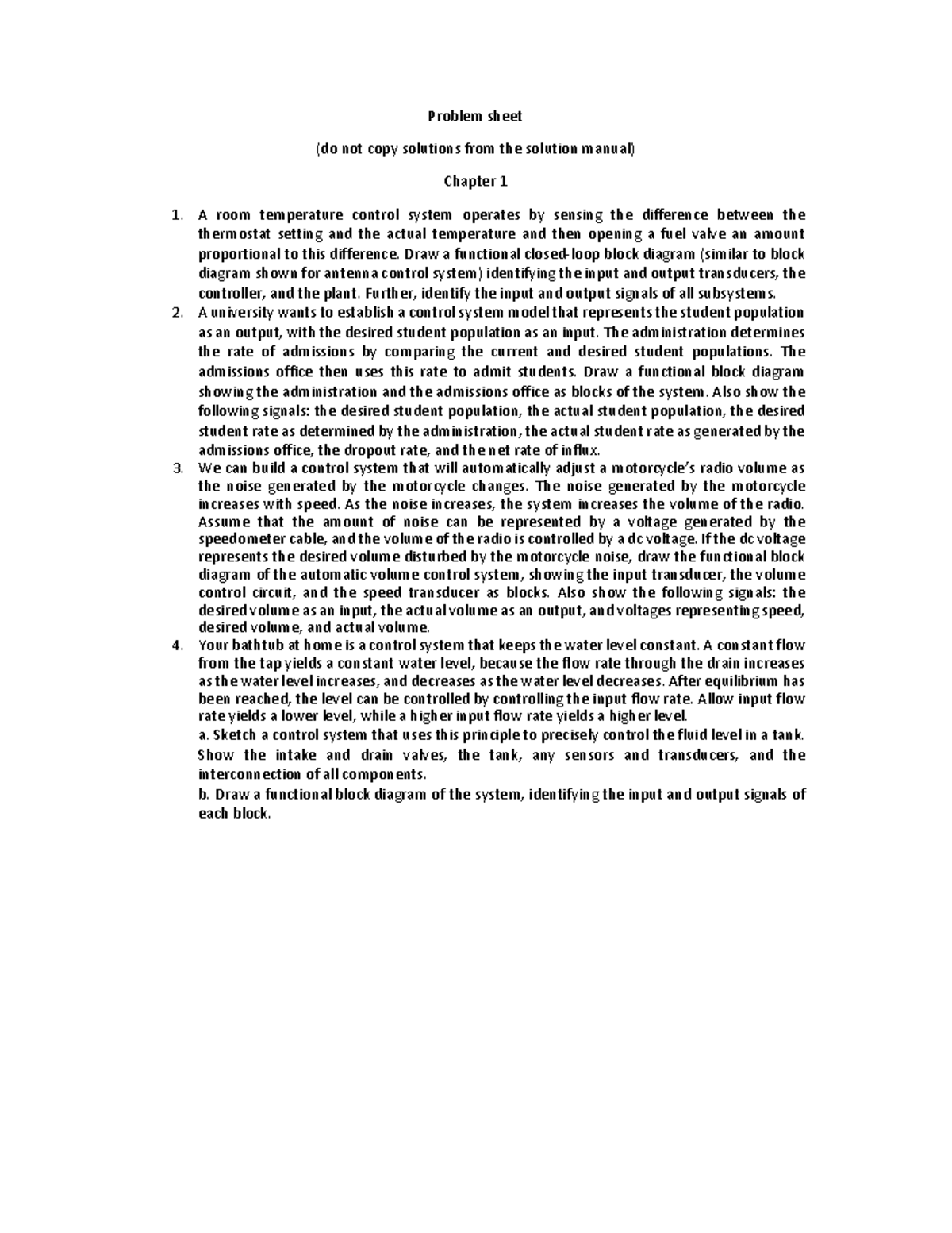 Introduction to Control Systems: Problem Sheet 1 - Assignments - Studocu