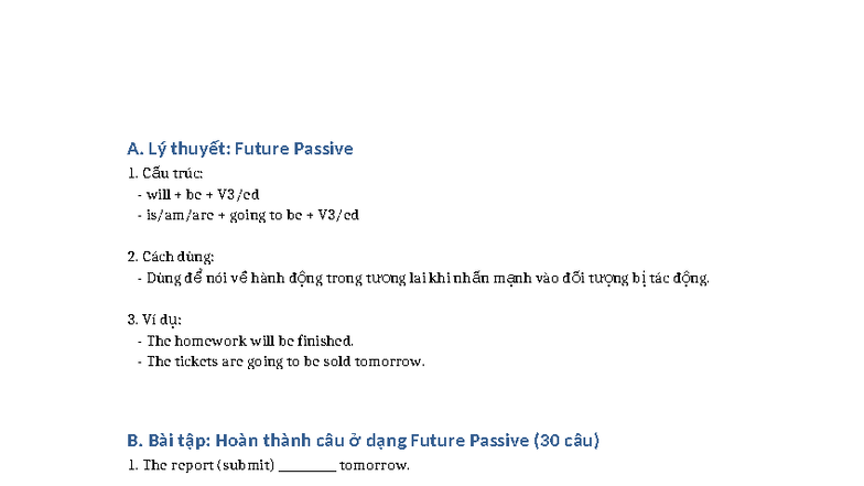 Bài tập: Future Passive Exercises (30 câu) - Studocu