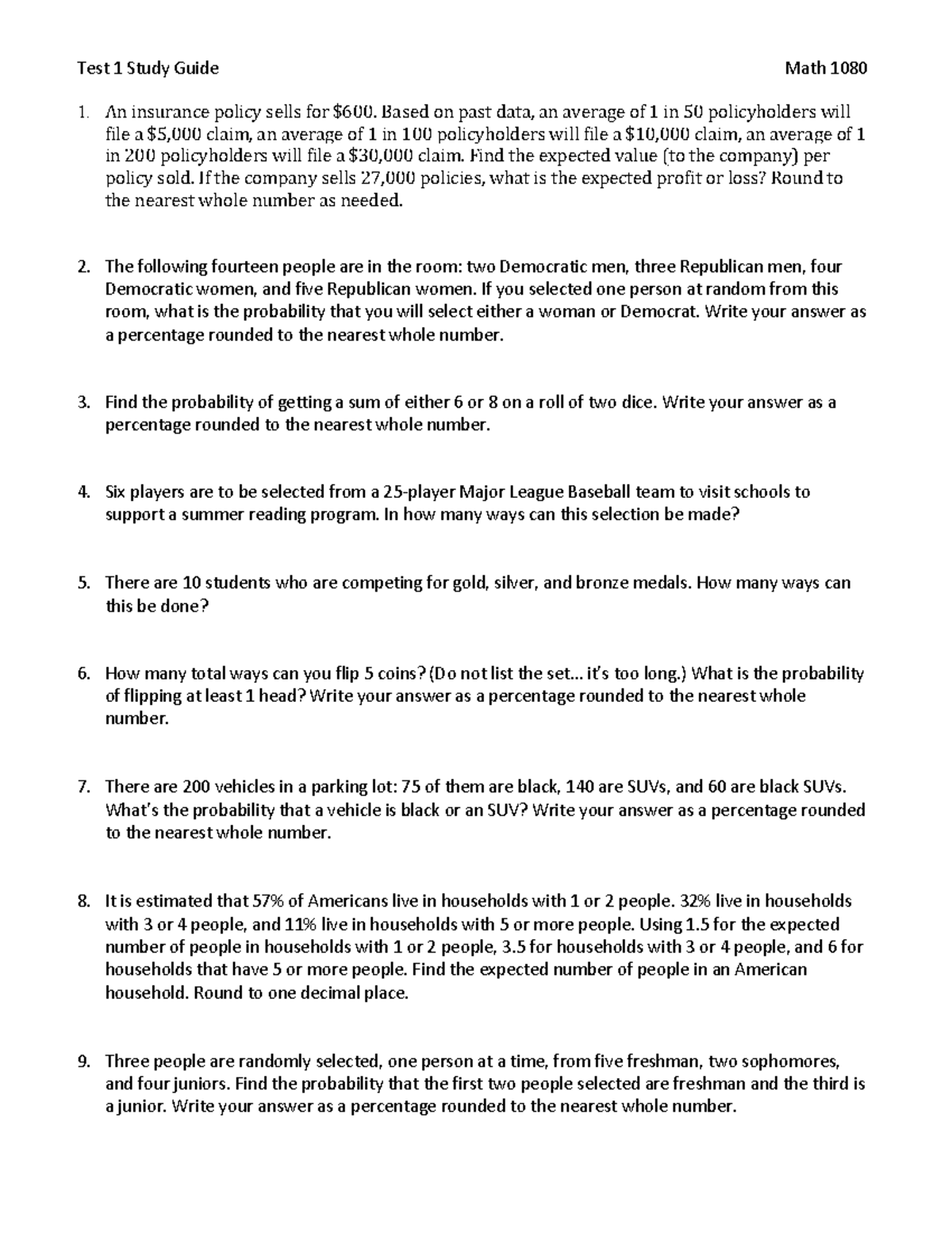 Test 1 Study Guide for Math 1080: Probability & Stats Problems - Studocu