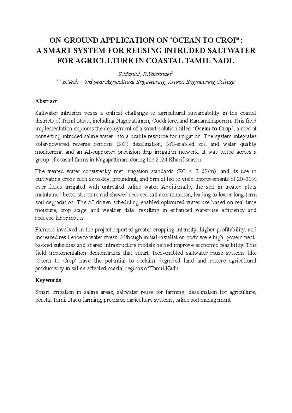 B.Tech 3rd Year Project: Smart System for Reusing Saltwater in ...