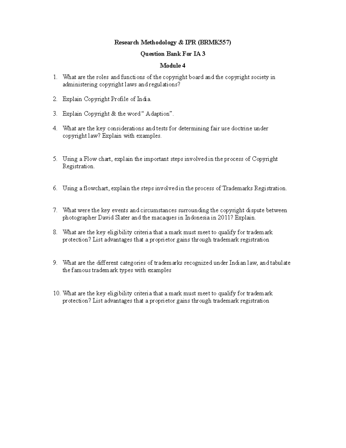 Question Bank for IA3: Research Methodology & IPR (BRMK557) - Studocu