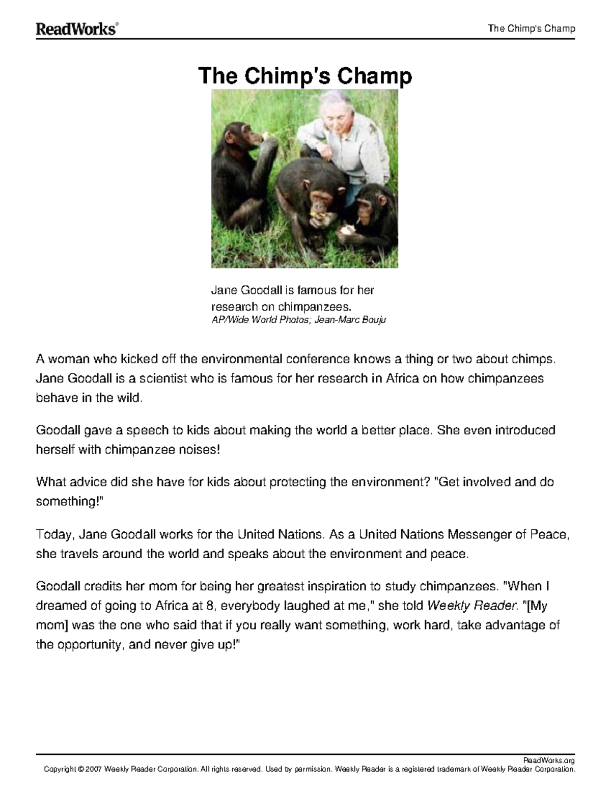 Jane Goodall: The Chimp's Champ - Insights & Comprehension Guide - Studocu