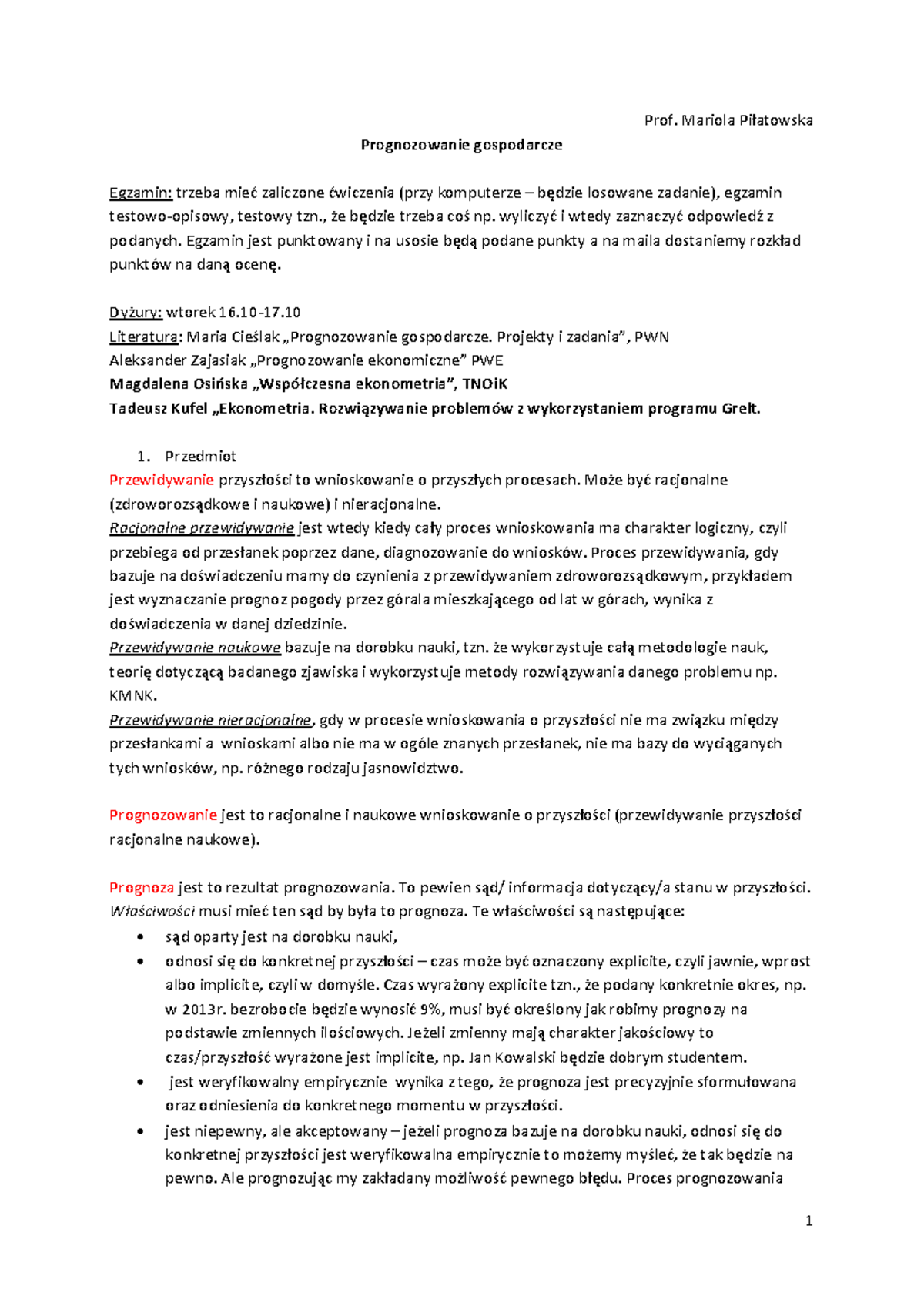 Prognozowanie gospodarcze WYKŁAD - Prof. Mariola Piłatowska ...