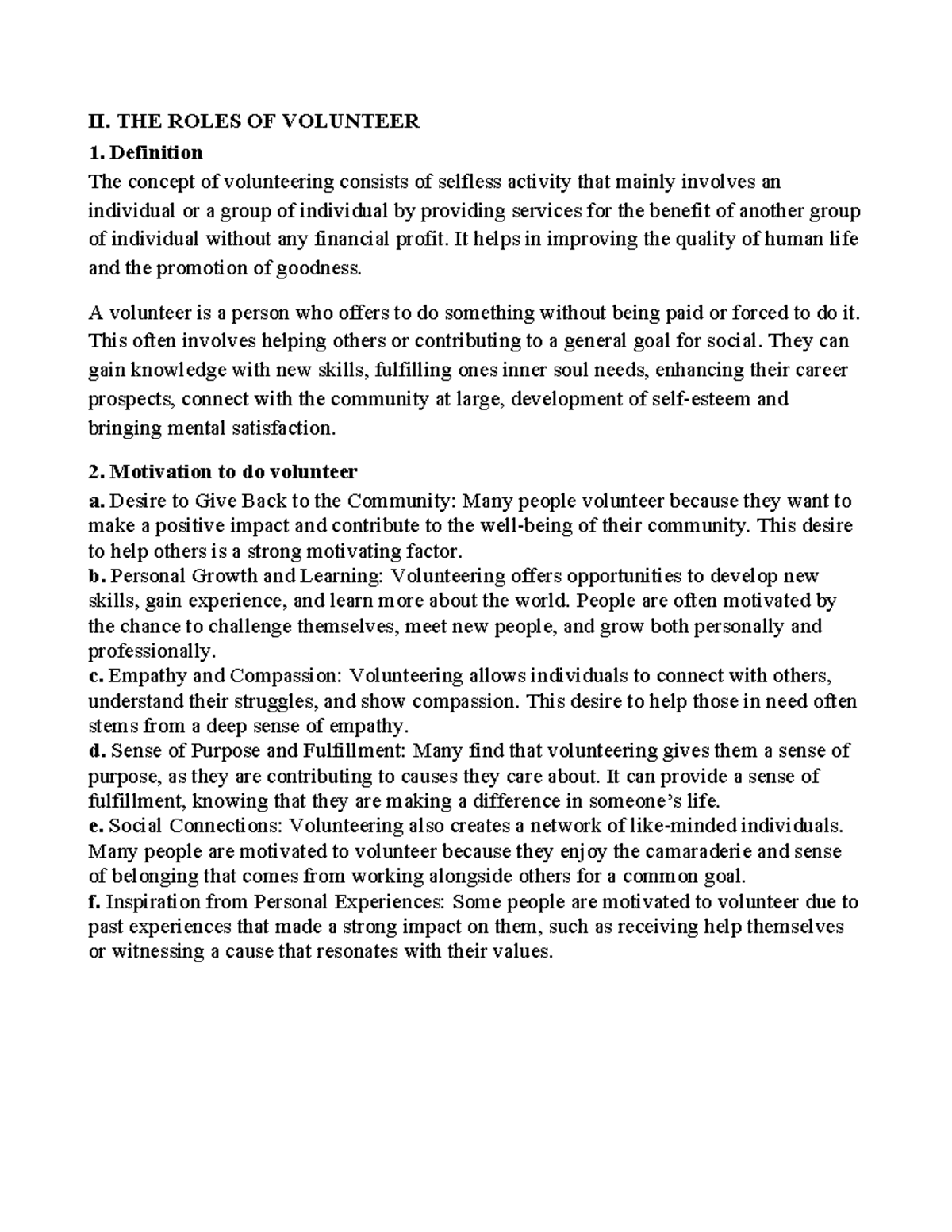 Definition AND Motivate TO DO Volunteer - II. THE ROLES OF VOLUNTEER ...