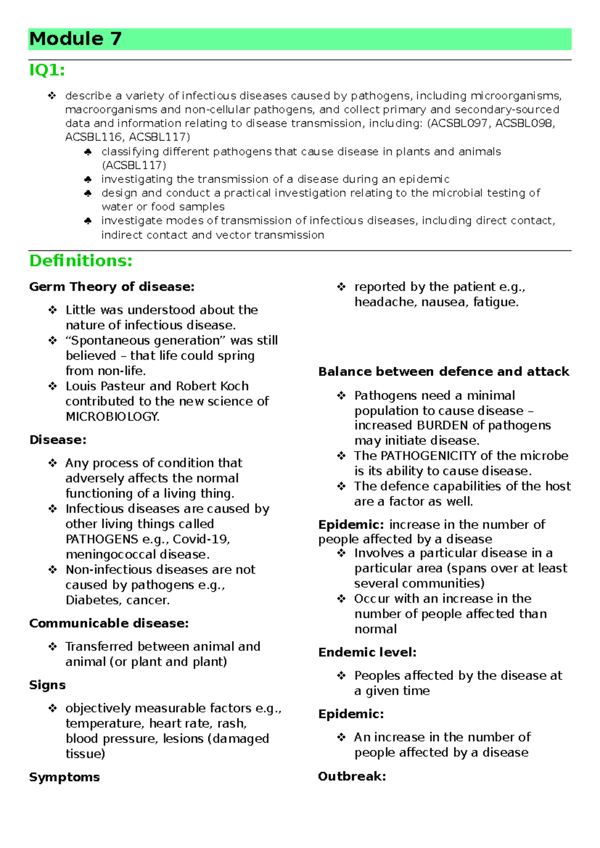 Module 7 bio hsc notes - Module 7 IQ1: describe a variety of infectious ...