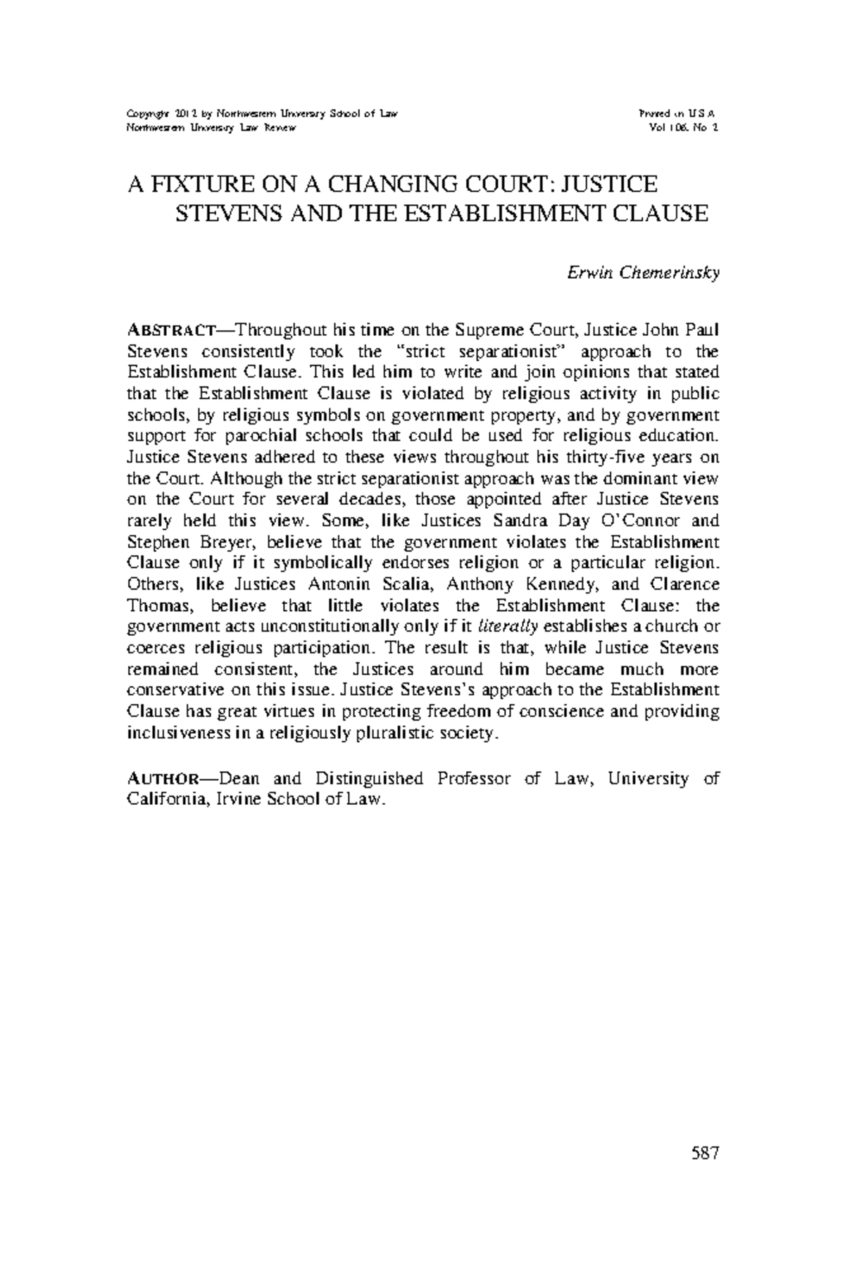 A Fixture on a Changing Court: Justice Stevens and the Establishment ...