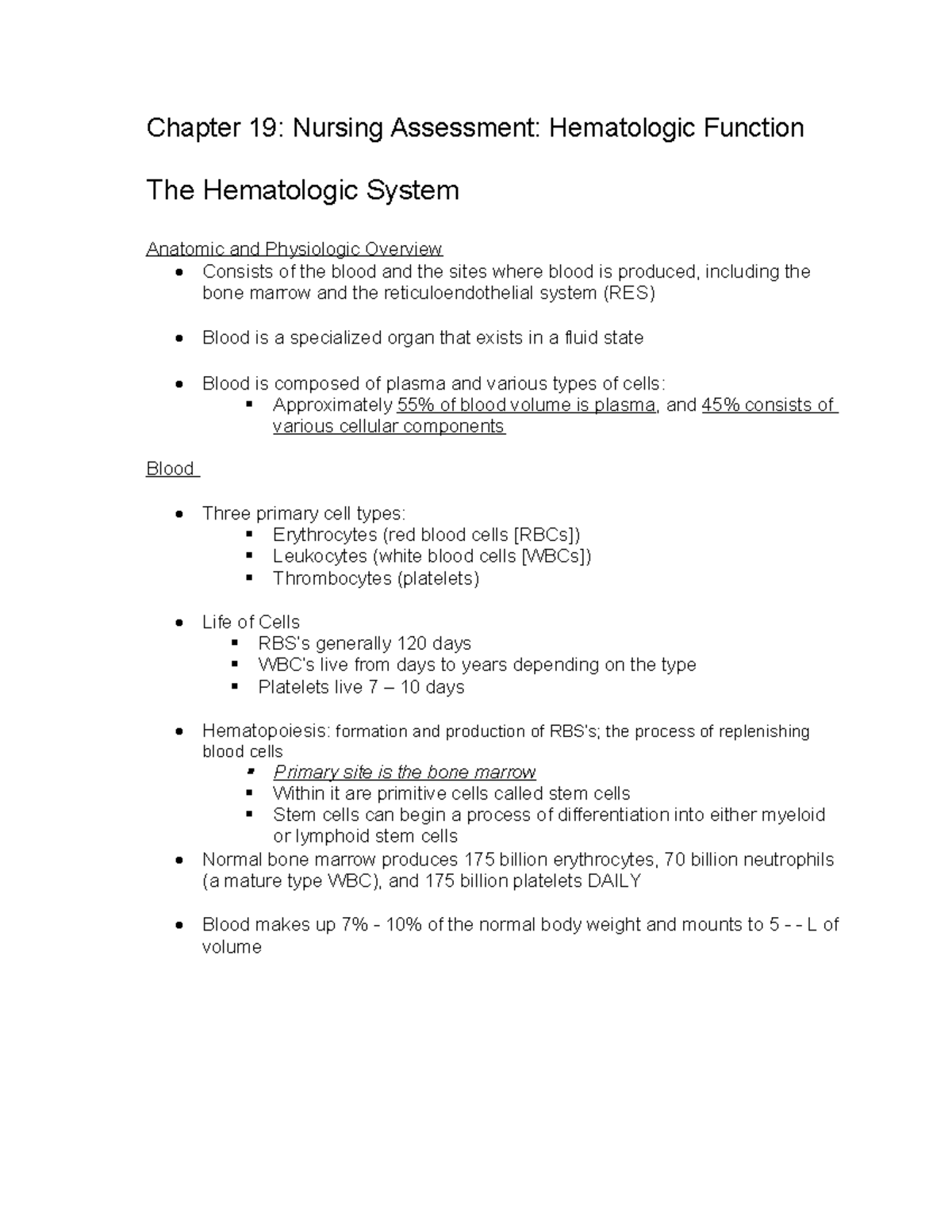 Hematology Exam 1 Study Notes for Nursing (NUR 101) - Studocu