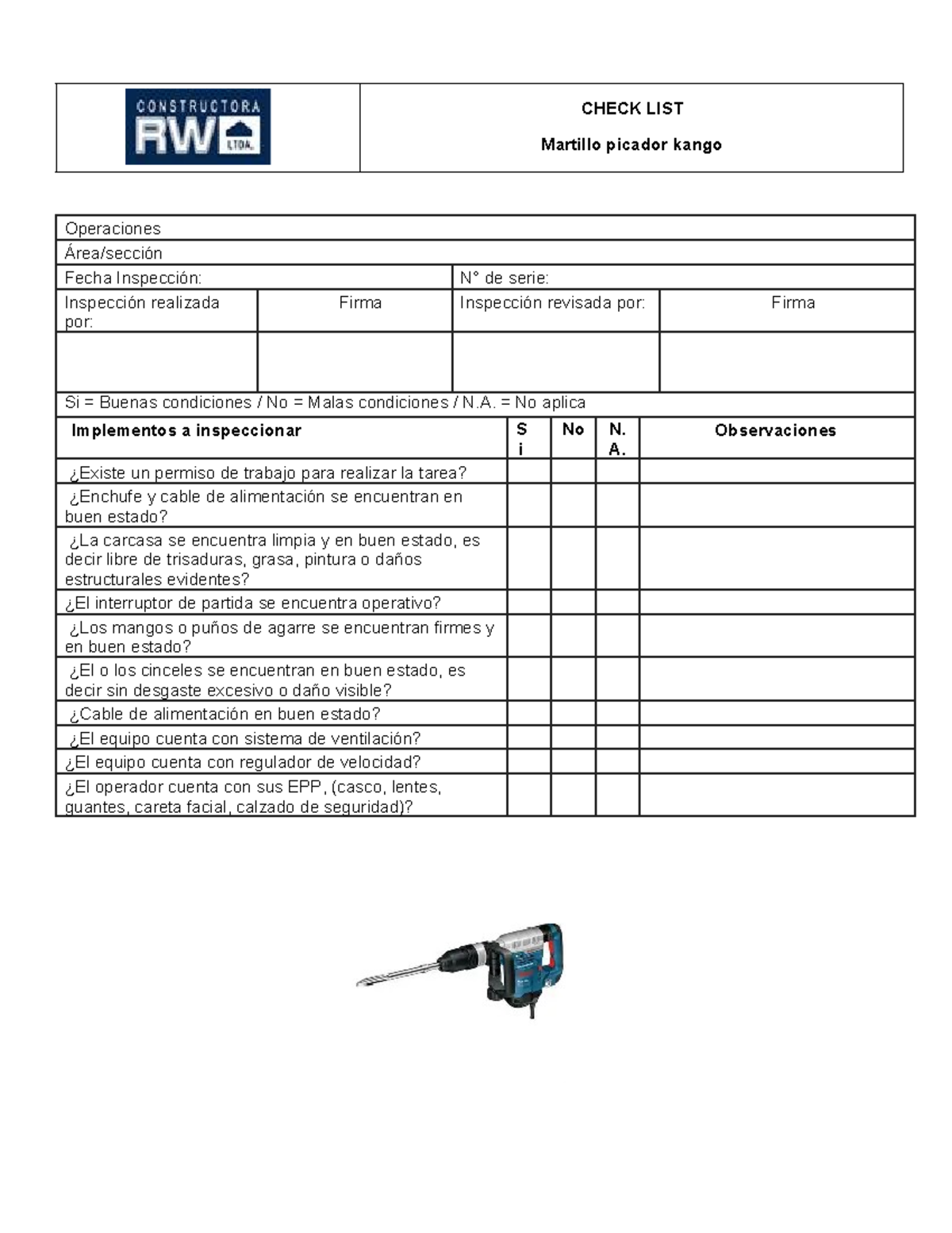 Check List de Inspección para Martillo Picador Kango - Studocu