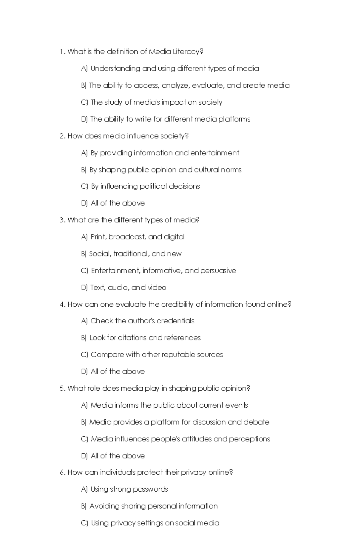 Pre-Test: Media Literacy Concepts and Evaluation (ML 101) - Studocu