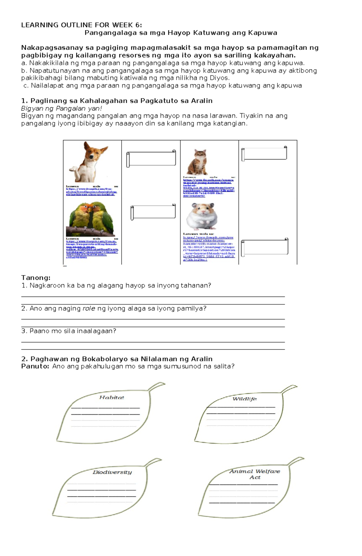 Learning Outline for Week 6: Pangangalaga sa mga Hayop Katuwang ang ...