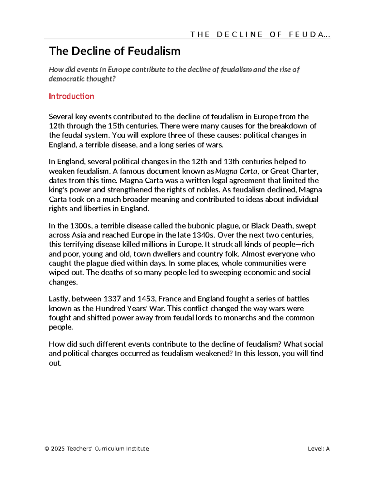 The Decline of Feudalism: Key Events and Their Impact - Level A - Studocu