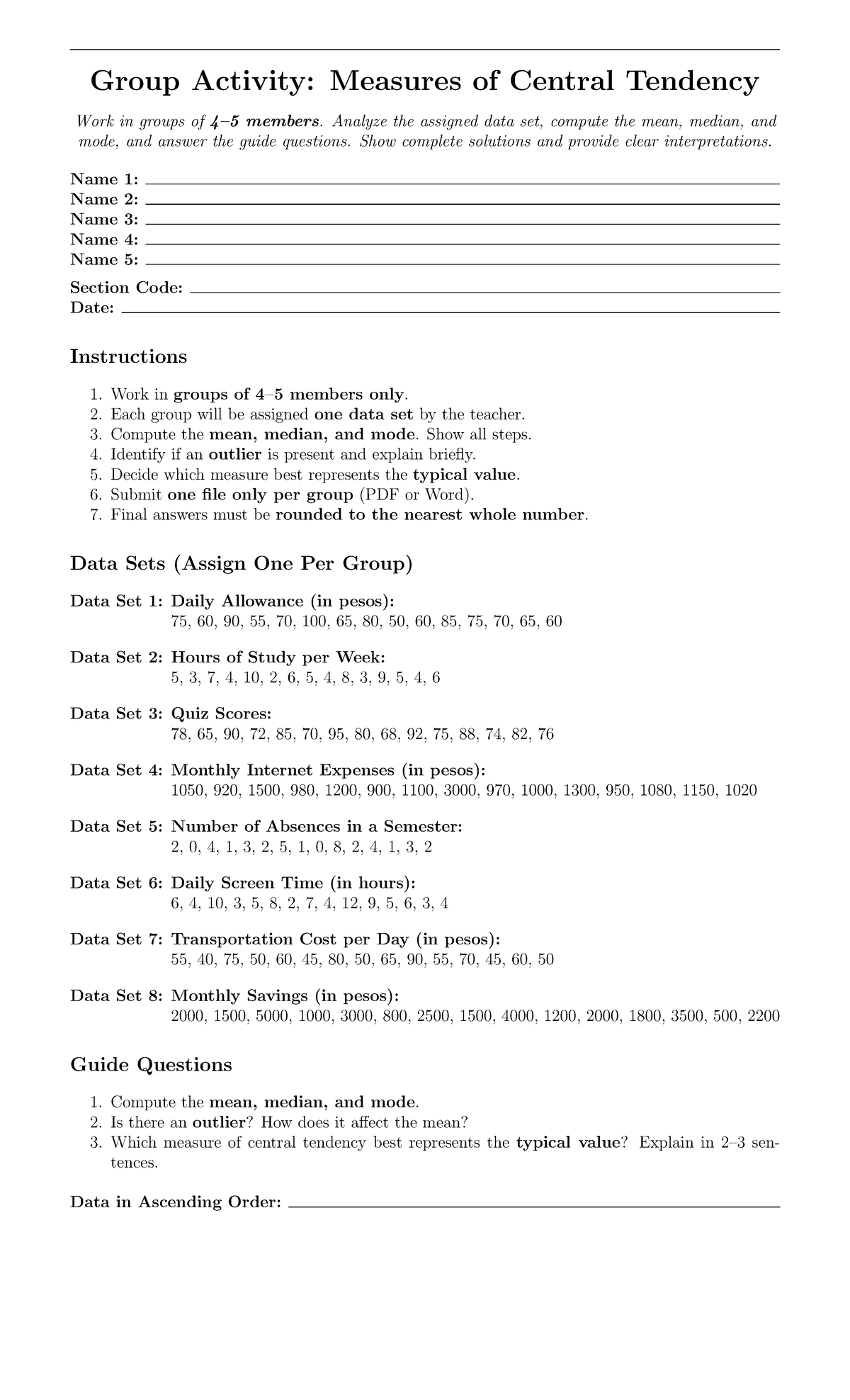 MMW 2025 2026 2nd Sem Group Activity: Central Tendency Analysis - Studocu