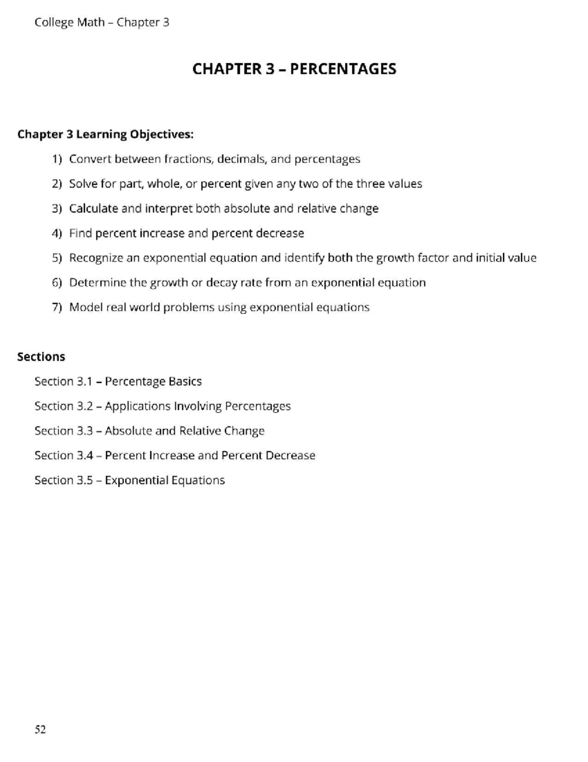 College Math Chapter 3: Percentages and Exponential Equations Summary ...